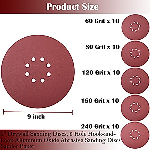 Sackorange 50 PCS 9-Inch 8-Hole Drywall Sanding Discs Set -10 PCS Each of 60 80 120 150 240 Grits, Premium 9" Hook-and-Loop Aluminum Oxide Abrasive Sander Paper for Drywall Sander