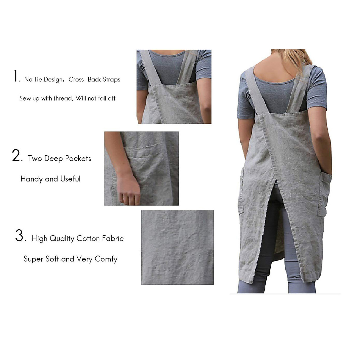Women’s Pinafore Square Apron Baking Cooking Gardening Works Cross Back Cotton/Linen Blend Dress with 2 Pockets Gray