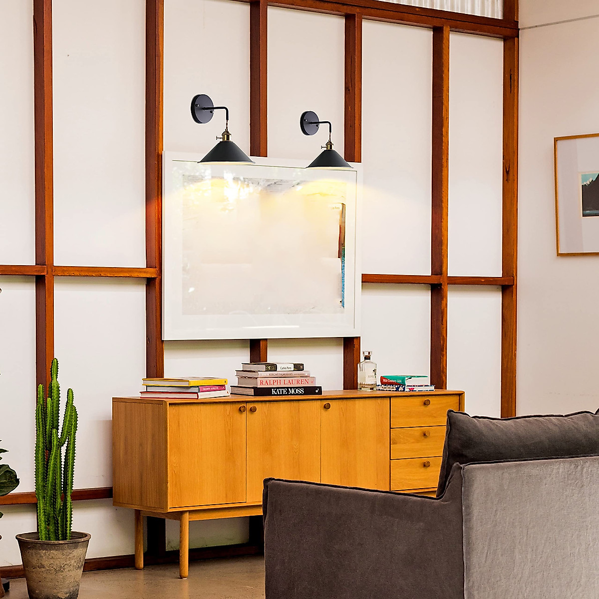 Kiven Battery Operated Wall Sconces, Industrial Wall Lights with Rechargeable LED Bulb and Black Iron Shade, Dimmable Wall Lighting Fixtures for Living Room Bedroom Hallway（Set of 2）