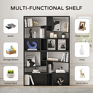 16 Cube Bookcase, 6 Tier Irregular Freestanding Geometric Bookshelf with Anti-Tipping Kits, Black Mid-Century Modern Large Cube Storage Organizer Book Shelf for Bedroom, Living room, Office, 2Pack