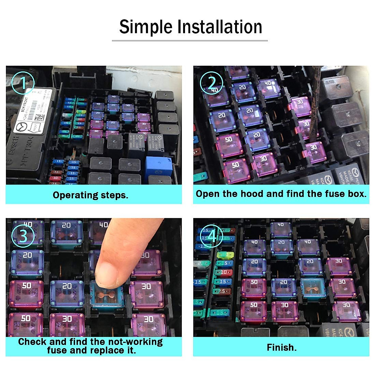 30 pc Automotive Combination Low and Tall/STD Profile Box Shaped Assortment Fuse Kit for Ford, Chevy/GM, Nissan, and Toyota Pickup Trucks, Cars and SUVs