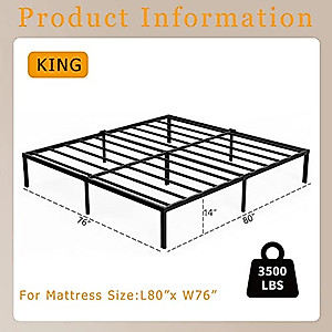 Kilyssa 14 Inch King Bed Frame, Metal Platform Bed Frames Heavy Duty 3500lbs Steel Slats Support Mattress Foundation Noise Free No Box Spring Needed, King Size