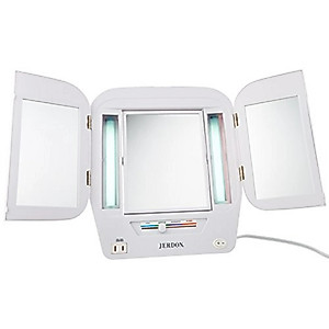 JERDON Modern Tri-Fold Makeup Mirror with Lights - Vanity Mirror with 5X Magnification & Multiple Light Settings - White Base - Model JGL10W