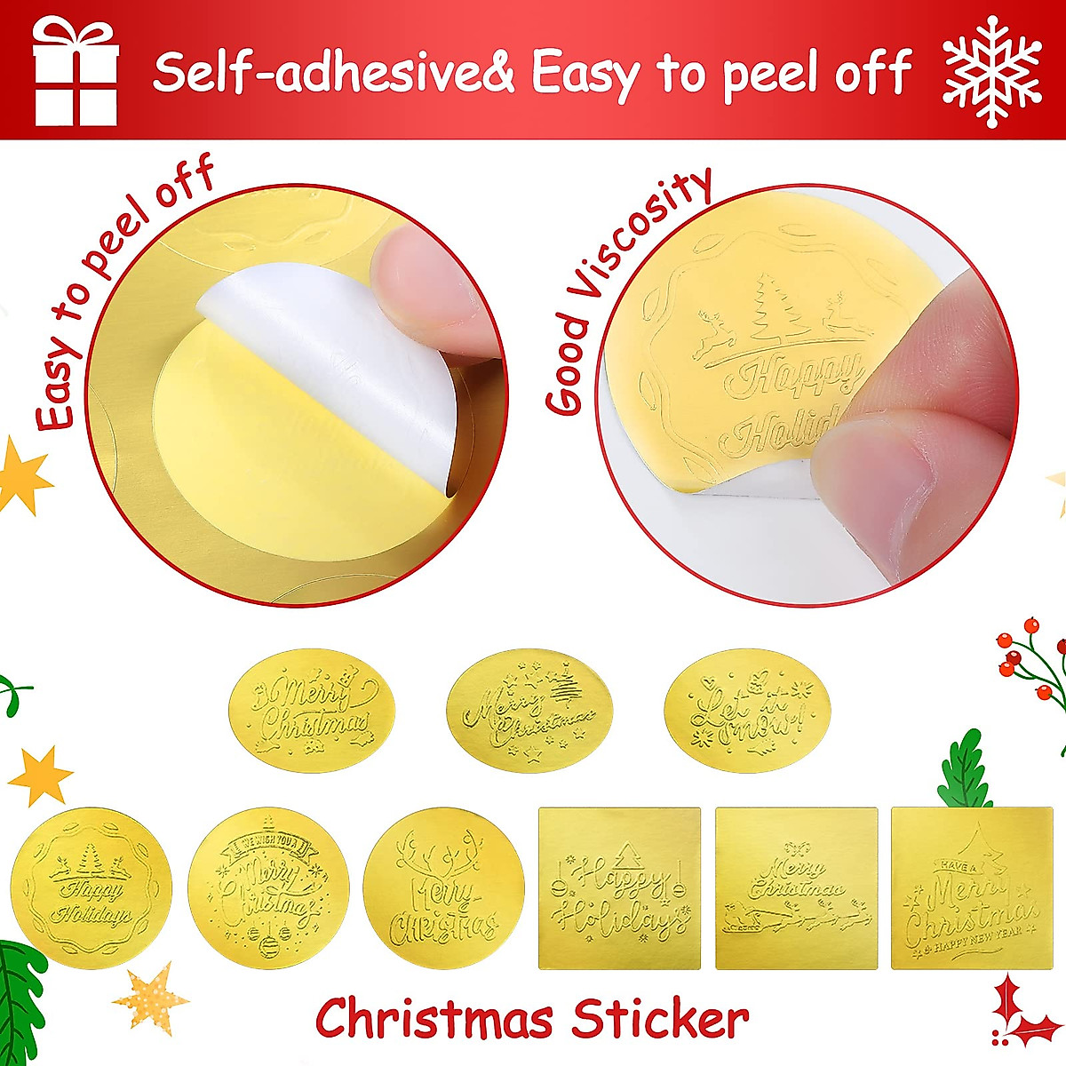 900 Pcs Christmas Foil Seals 1.5 Inch Gold Embossed Envelope Stickers Self Adhesive Holiday Seal Stickers Santa Snowflake Foil Stickers Gnome Pine Cone Presents Decoration