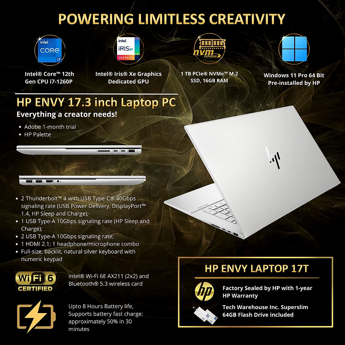 HP Envy 17T 2022 Laptop, i7-1260P 12th gen, 16GB RAM, 1 TB NVMe SSD, 17.3" FHD Touch, Thunderbolt 4, Win 11 PRO, WiFi 6E, B&O Audio, Intel Xe Graphics, Silver, 64GB Tech Warehouse Flashdrive