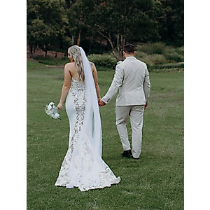 Latious 1 Tier Bride Wedding Veil White Long Cathedral Bridal Tulle Veils with Comb Simple Drop Veils for Women and Brides (1-White)