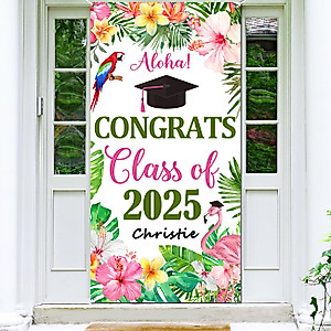 Luau Graduation Decorations Aloha Congrats Class of 2023 Door Cover Personalized Name Senior 2023 Graduation Banner Backdrop for Hawaiian Tropical Grad Themed Party Supplies with A Gift Pen