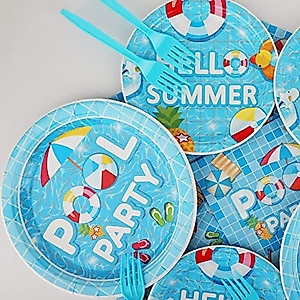 96 Pieces Pool Party Tableware Set for Summer Beach Table Decorations Supplies Beach Ball Birthday Dessert Plates Summer Pool Party Napkins Forks for 24 Guests Hawaiian Pool Birthday Party Favors