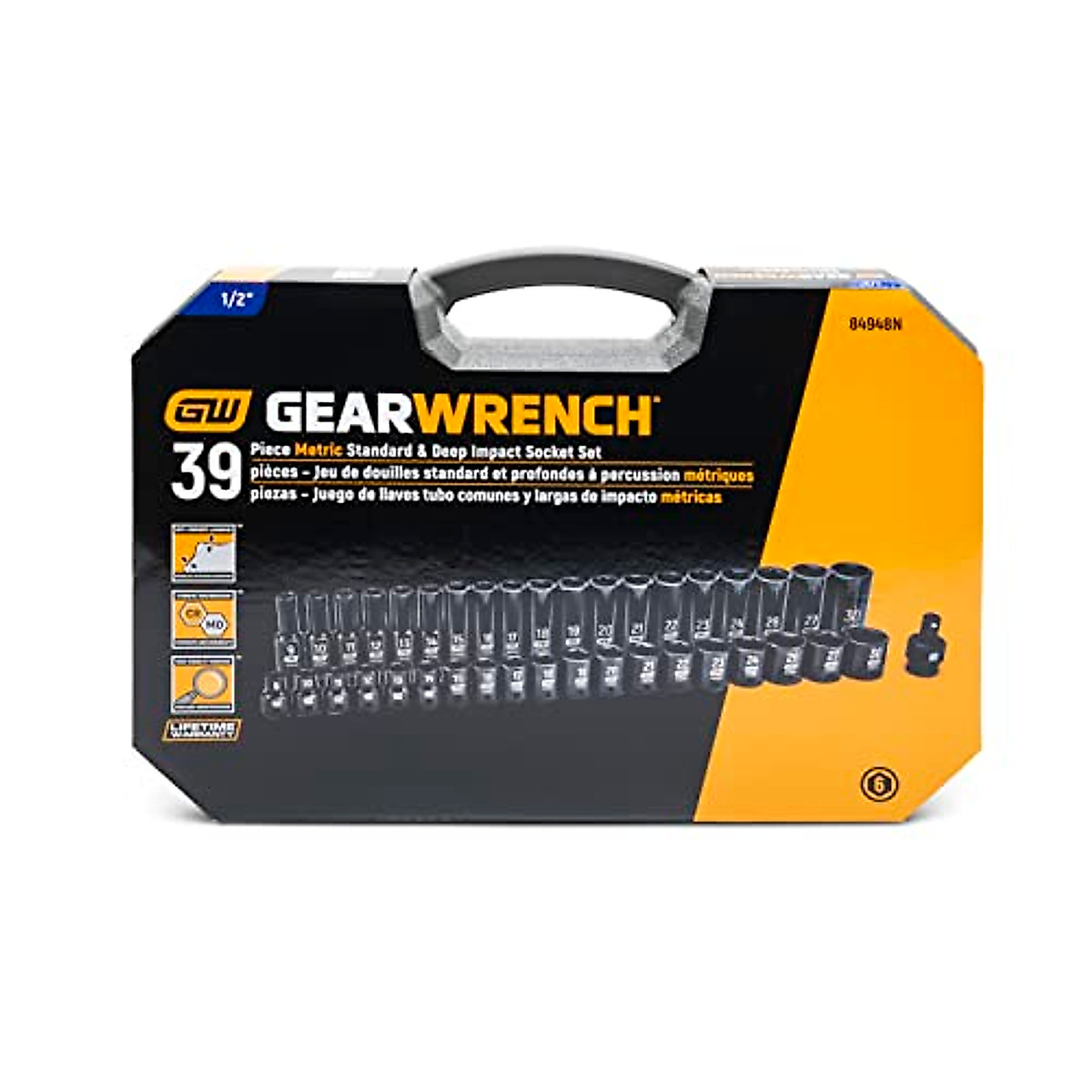 GEARWRENCH 39 Piece 1/2inch Drive 6 Point Impact Socket Set, Standard & Deep, Metric - 84948N