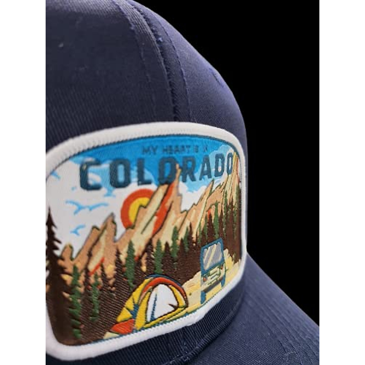 Colorado Trucker Hat - Mesh Snapback Baseball Cap w/My Heart is in Colorado Woven Patch (Navy/White)