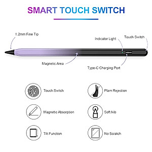 ​​​Stylus Pen for iPad 2018-2023 with Palm Rejection, Active Pencil for iPads 10th/9th/8th/7th/6th Gen, for iPad Pro11/12.9 inch, for iPads Air 5th/4th/3th, for iPad Mini 6th/5th Gen(Black and Purple)