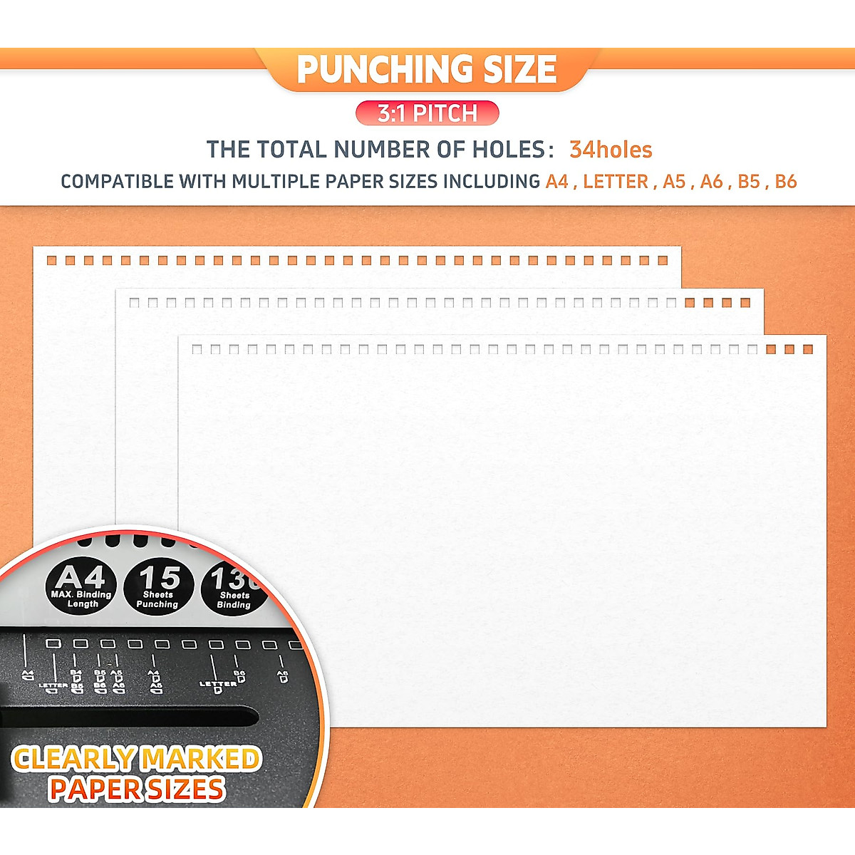 Rayson TD-1500B34 Binding Machine, Square Size Holes, 3:1 Pitch Wire-O Binder Punch 15 Sheets/Bind 130 Sheets with Sturdy Metal Construction