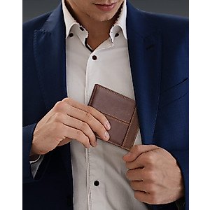 Swallowmall Mens Wallet RFID-Blocking Genuine Leather Slim Bifold Wallets for Men Leather Wallets Minimalist Front Pocket ID Window 8 Cards Holders Gift Box