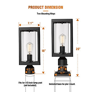 Beionxii Outdoor Post Lantern, 20inch Large Modern Lamp Post Light Fixture Exterior Pillar Lights with Pier Mount Base, Black Cast Aluminum w/Clear Cylinder Glass - A291P-2PK