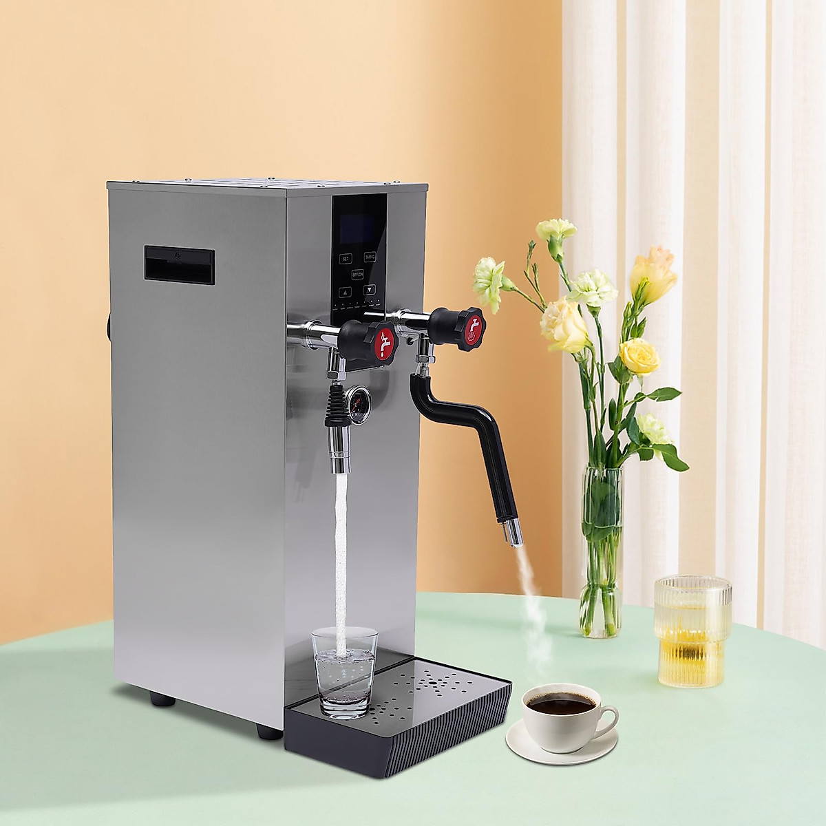 110V Commercial Steam Milk Frother, 4 IN 1 Milk Foam Maker with LED Display, 12L Automatic Espresso Coffee Steam Boiling Water Machine, Stainless Milk Steamer Machine for Espresso Coffee Milk Tea