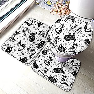 WONDERTIFY Witch's Cat Bathroom Antiskid Pad Halloween Gothic Cute Kitty Star Moon Tattoo 3 Pieces Bathroom Rugs Set, Bath Mat+Contour+Toilet Lid Cover Black White