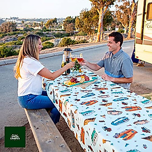 Jolly Camper Vintage Style Camping Tablecloth, Picnic Tablecloth, Fits 4ft to 8ft Picnic Tables, Polyester, Washable & Reusable, Spill & Stain Resistant, Water Repellent, Table Cloth for Picnic Table