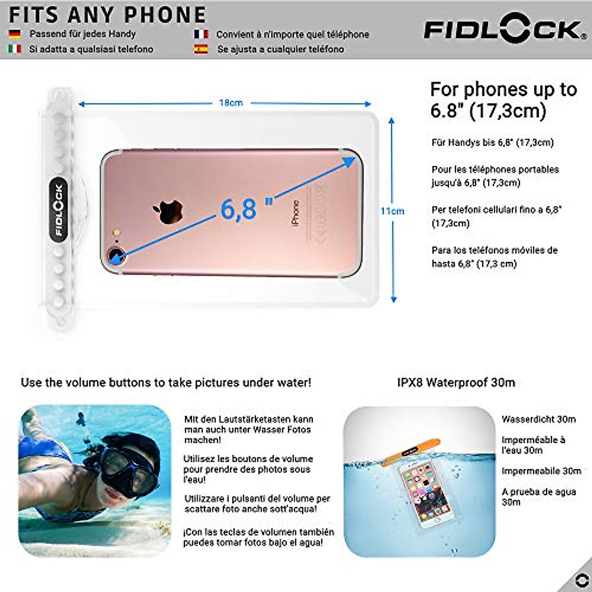 FIDLOCK Hermetic Dry Bag Medi - Flexible Magnetic Self-Sealing Bag for Cellphone | 100% Waterproof and Sand Proof - Practical Size with a Large Opening, with Lanyard included - Transparent