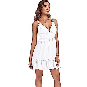 ZAFUL Womens V Neck Sexy Backless Dress Criss Cross Adjustable Spaghetti Strap Short Dress White M