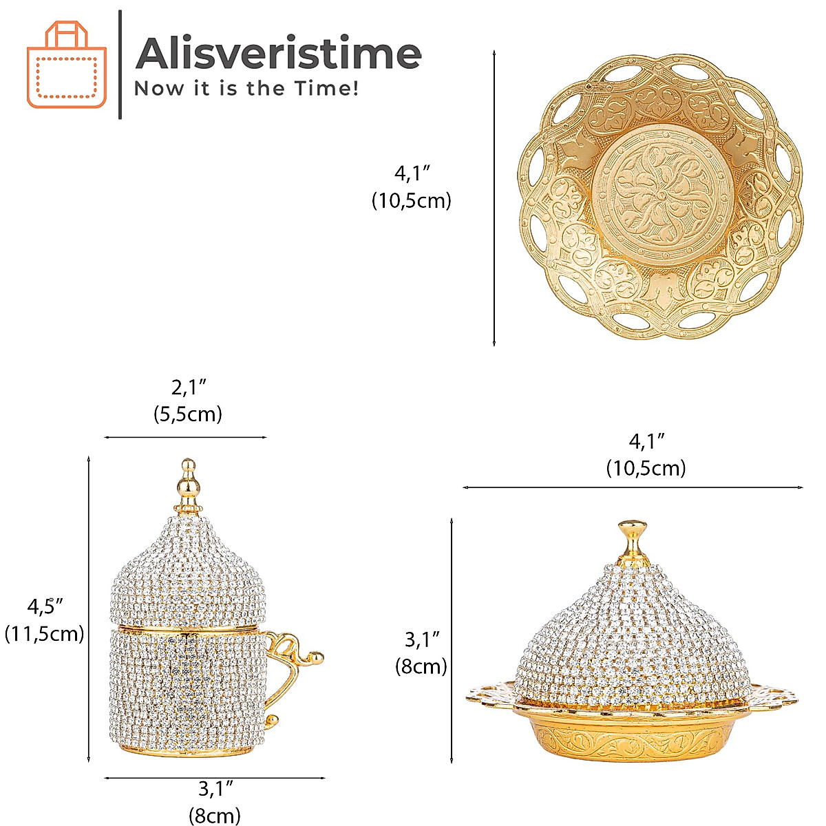 Alisveristime Ottoman Turkish Greek Arabic Espresso Coffee Cups with Saucer and Lid (Crystal Set) (Set of 2) (Gold)