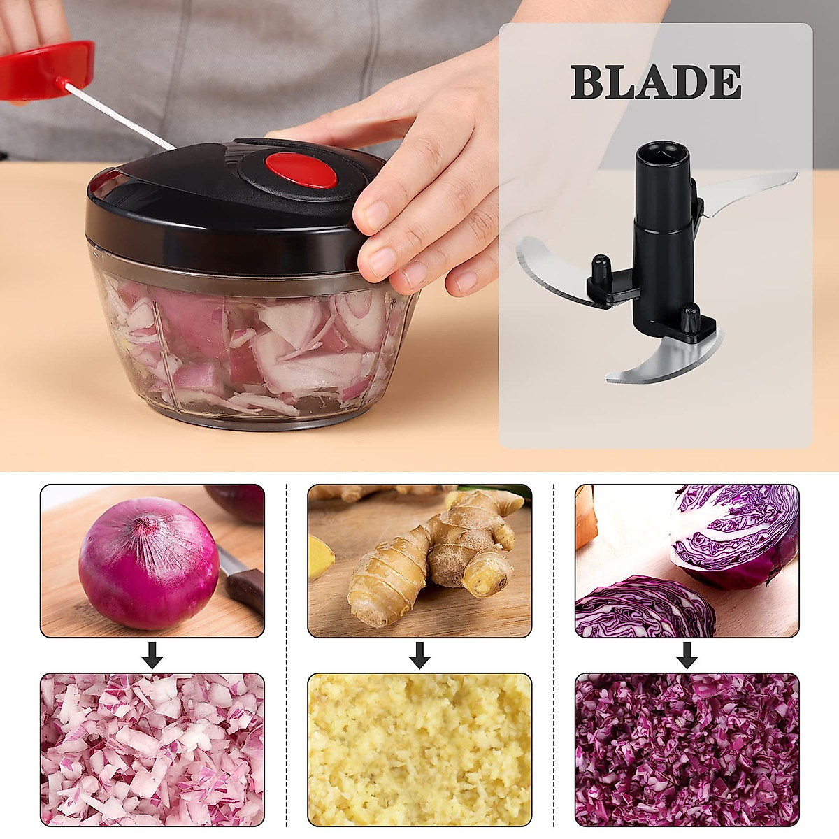 Cambom Chopper Manual Food Chopper, Hand Pull String Vegetable Chopper, BPA Free Food Safe Material (BLACK)