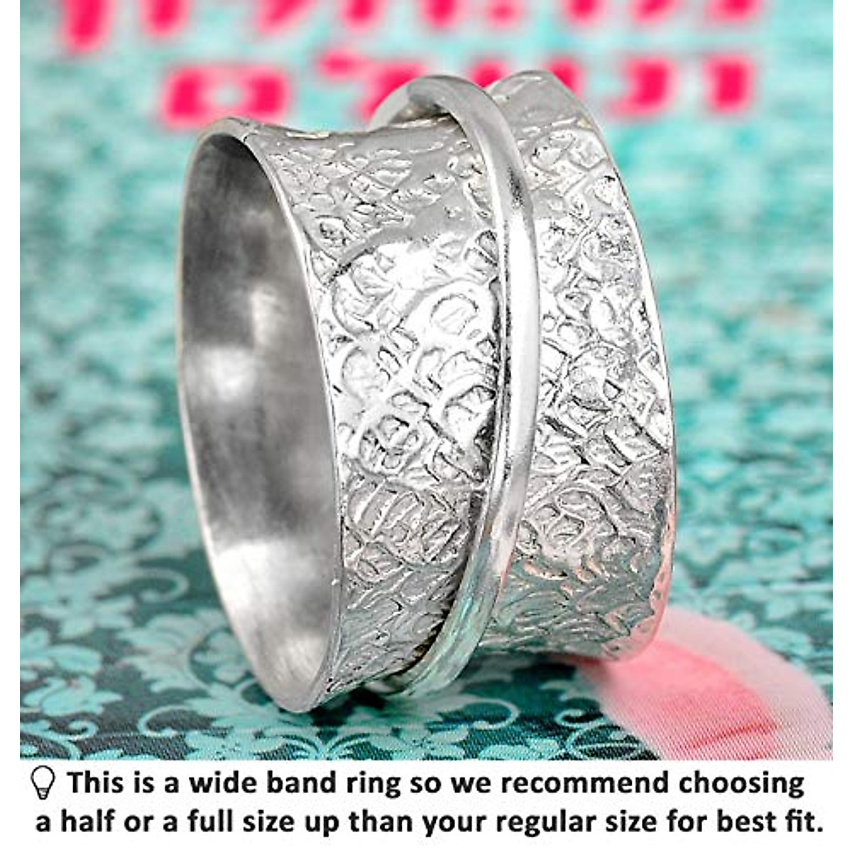 Boho-Magic 925 Sterling Silver Spinner Ring for Women Hammered Fidget Ring Wide Band (8)