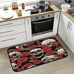 KOBLEN Skull and Red Roses Kitchen Rugs Non Slip Washable Absorbent Kitchen Mats 20x39 inch Cushioned Anti Fatigue Kitchen Floor Mats for in Front of Sink