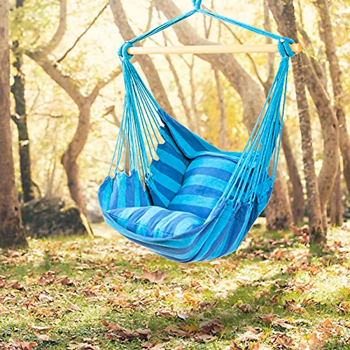 Tangkula Hanging Hammock Chair, Hanging Swing Chair with 2 Pillows, Wood Support Bar, Handmade Cotton Rope Hanging Seat for Indoor Outdoor, Ideal for Bedroom, Patio, Yard, Garden