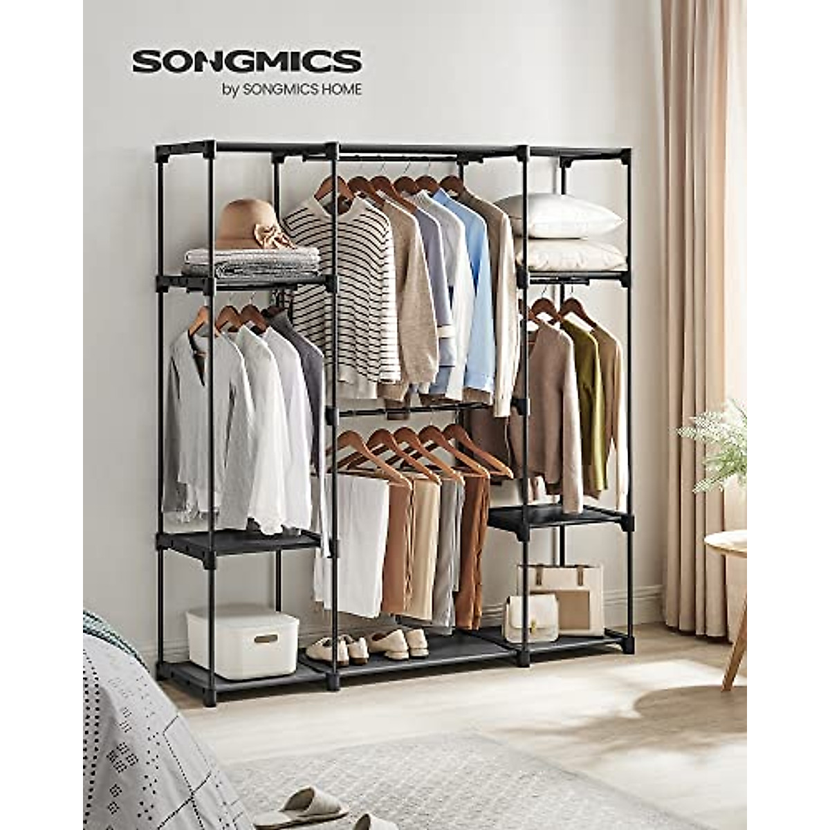 SONGMICS Portable Closet, Freestanding Closet Organizer, Clothes Rack with Shelves, Hanging Rods, Storage Organizer, for Cloakroom, Bedroom, 59.5 x 16.9 x 65.4 Inches, Black URYG036B02