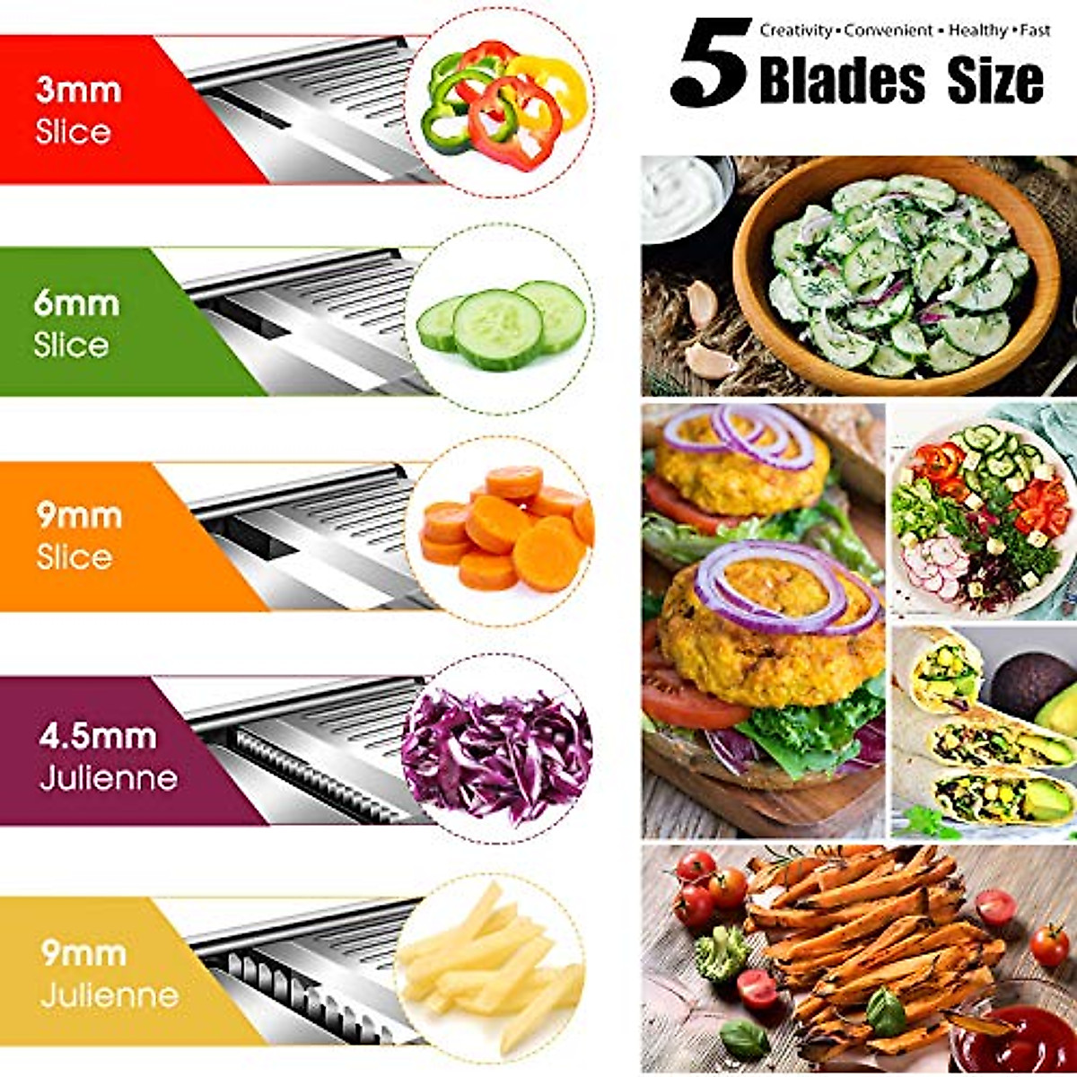 MASTERTOP Adjustable Mandoline Food Slicer Vegetable Slicer Fruit Cutter Stainless Steel Kitchen Julienne Slicer For Kitchen Waffle Fry Cut Potato Chip Vegetable Onion Cheese French Fry