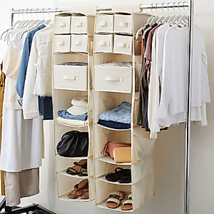 Juvale 2-Pack 7-Shelf Hanging Closet Organizer with 5 Drawers, 4 Shelves, and 4 Side Pockets, Foldable Non-Woven Cloth Storage for Bedroom and Hallway Closets (11.8x11.8x51 in, Beige)