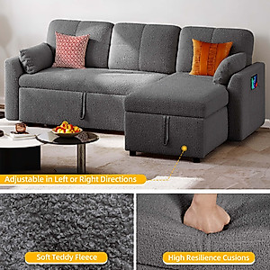 YITAHOME 86" Sleeper Sofa, 2 in 1 Convetible Sofa Bed with Pull Out Couch Bed and Storage Chaise,L-Shape Sectional Sofa for Living Room, Teddy Fleece, Grey