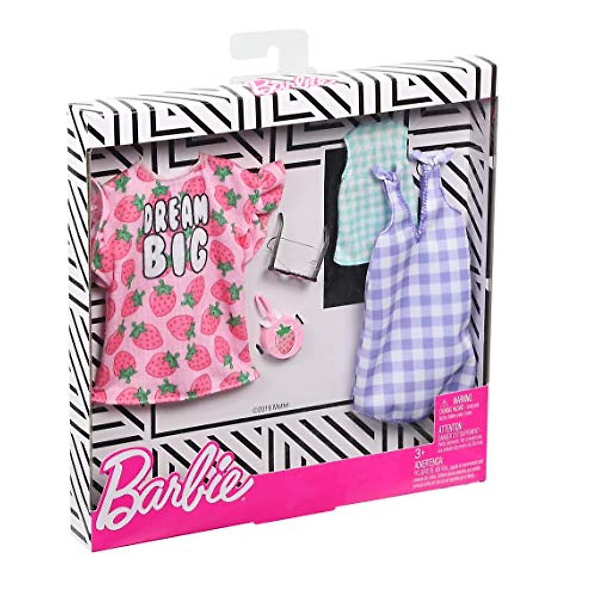 Barbie Clothes, 2 Outfits Doll Include a Strawberry-Print Dress, a Checked Dress and Top, Plus a Strawberry-Decorated Purse and Heart-Shaped Sunglasses, Gift for 3 to 8 Year Olds​