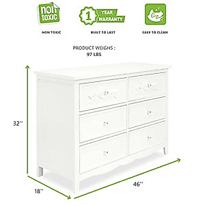 SweetPea Baby Rose/Tiana Double Dresser in French White, Made of Sustainable Pinewood, Easy to Assemble, Non-Toxic Finish, Six Spacious Drawers, Nursery Furniture