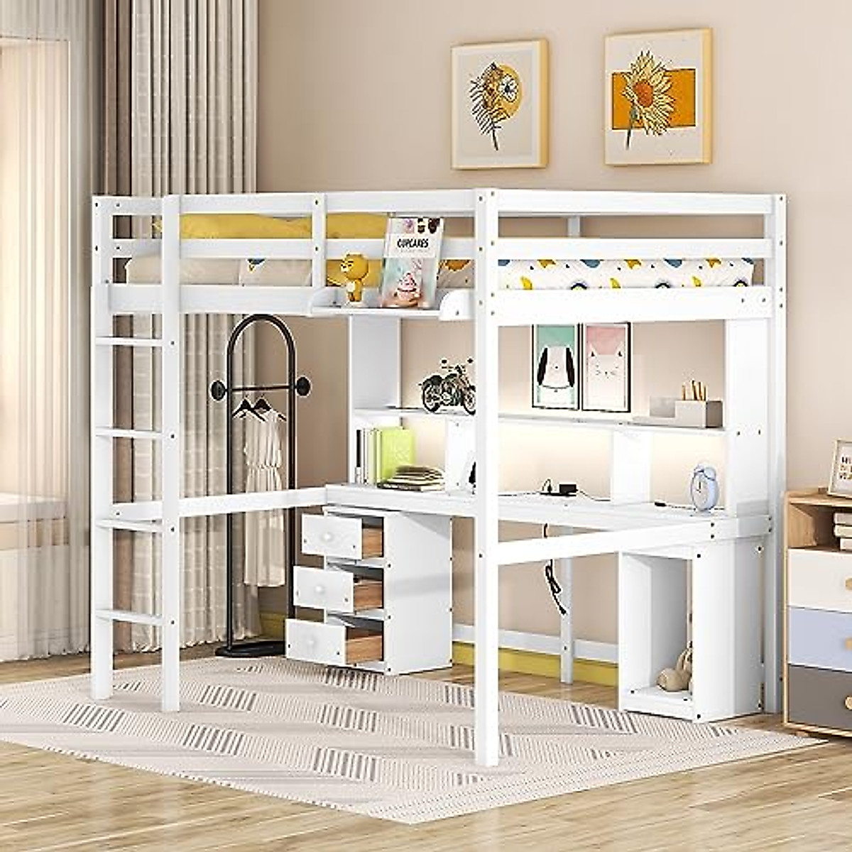 Full Loft Bed with Desk and LED Lights, Wooden Full Size Loft Bed with Storage and Charging Station, High Loft Bed Frame for Kids,Teens, Adults, No Box Spring Needed (Full, White)