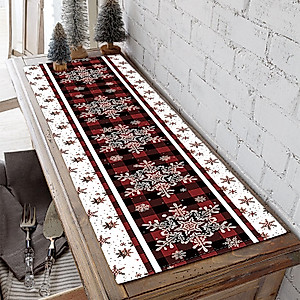 Niviy Snowflakes Christmas Table Runner with Buffalo Plaid, Winter Xmas Holiday Kitchen Dining Table Decoration for Indoor Outdoor Home Party Decor 13 x 72