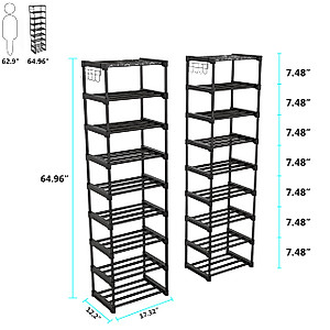 GREATSK 9 Tiers Shoe Rack 20-25 Pairs Sturdy Shoe Shelf, with Side Hooks, Shoe Rack for Entryway, Free Standing Shoe Racks, Metal Shoe Rack, Show Rack, Shoe Organizer, Shoe Rack for Closet