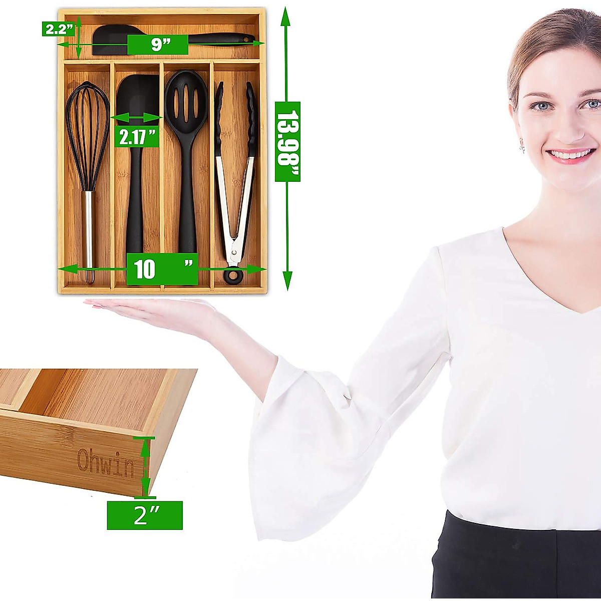 Ohwin Bamboo Drawer Organizers Kitchen Silverware Organizer with 5 Compartments, Flatware Drawer Organizer Tray - Bamboo Hardware Organizer Cutlery and Utensil Tray, Perfect for the Kitchen, Bathroom