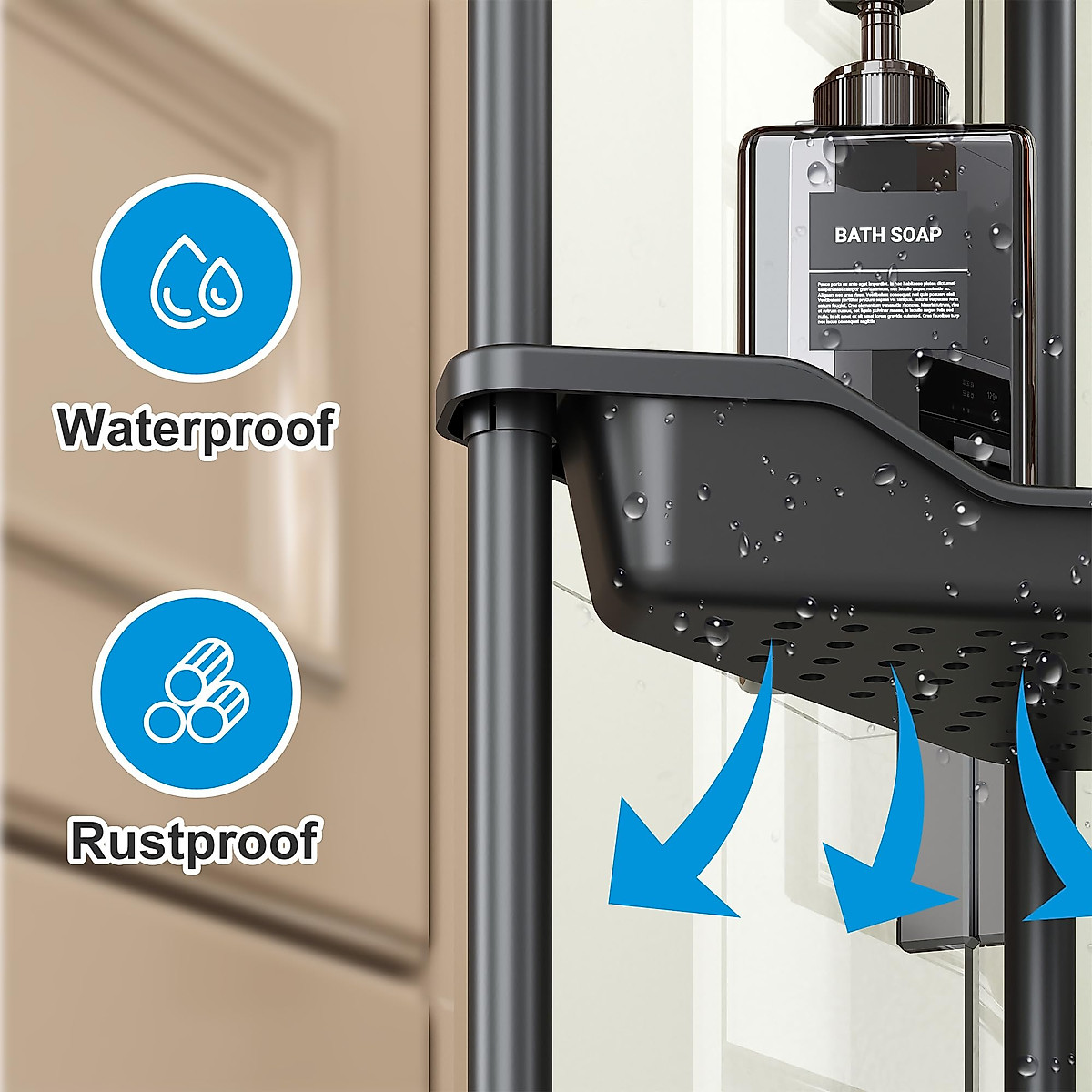 Purdaz 4 Tier Shower Caddy Organizer Shelf Corner, Rustproof, Plastic Shower Rack Stands for Inside Bathroom,Shower Pan, Black