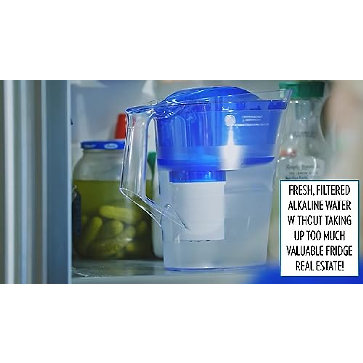 New Wave Enviro Alkaline Plus Water Filter Pitcher with Lead Removal, BPA Free Fridge Friendly Design, 64 Gallon Filter Life, 3.5 Liter Capacity with Integrated Handle, Blue