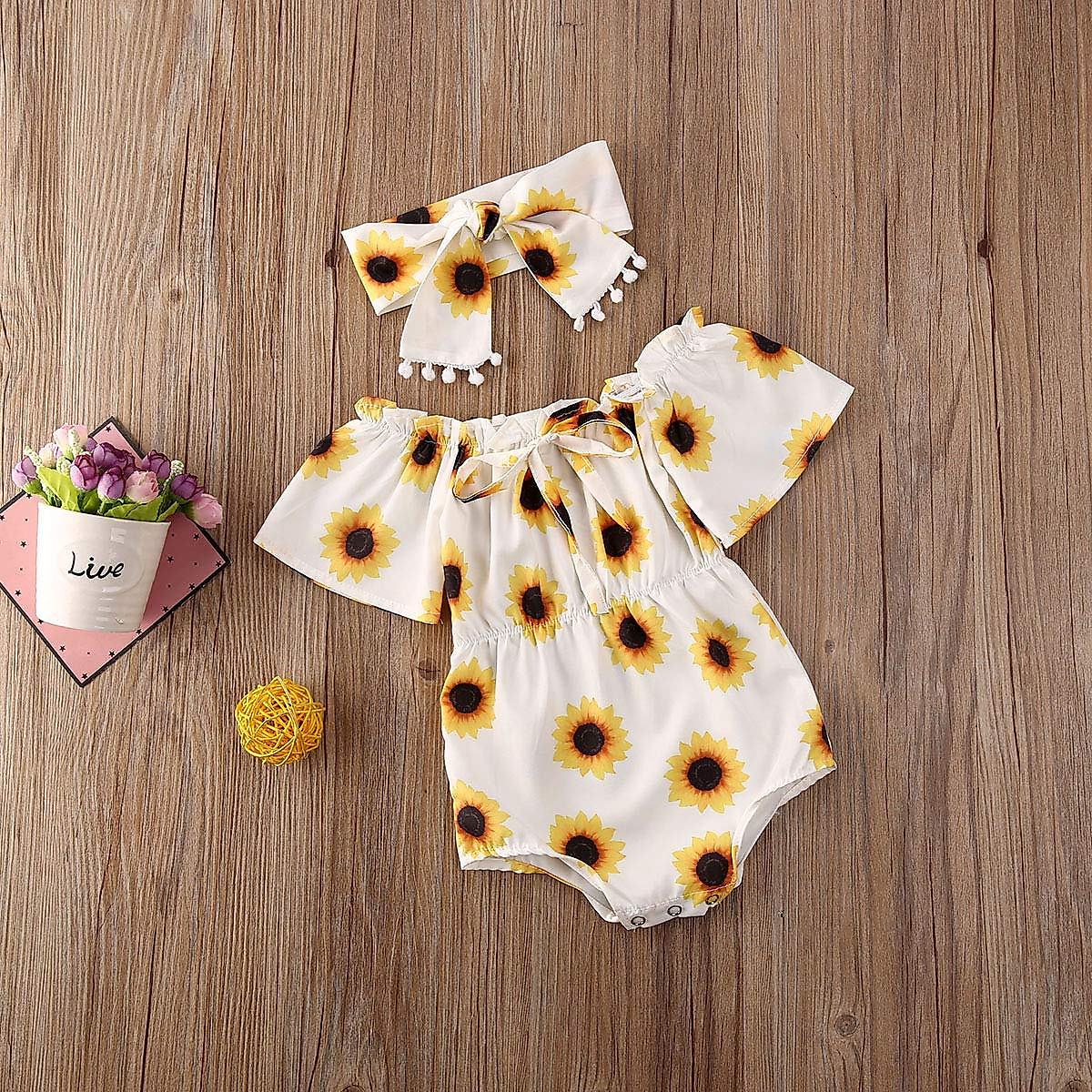 Kuriozud Baby Girl Sunflower Romper Newborn Infant Off Shoulder Bodysuit One Piece Summer Clothes (Sunflower White + Headband, 0-6 Months)