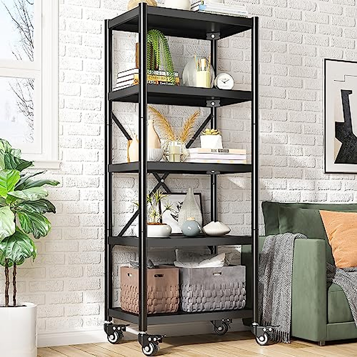 REIBII Storage Shelves for Storage with Wheels 1160LBS Heavy Duty Metal Shelving Unit Rolling Adjustable 5-Tier Pantry Shelves Kitchen Shelves Garage Shelving Utility (1)