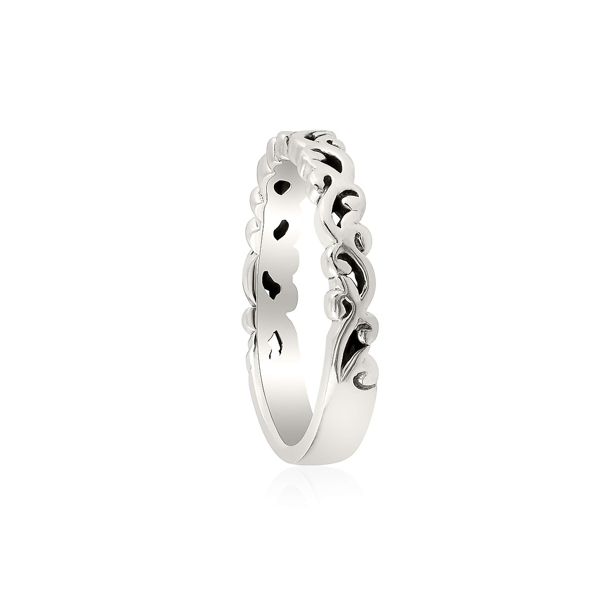 14k White gold Hand Carved Womens Wedding Band Filigree Vintage Stackable Ring - Size 8.5