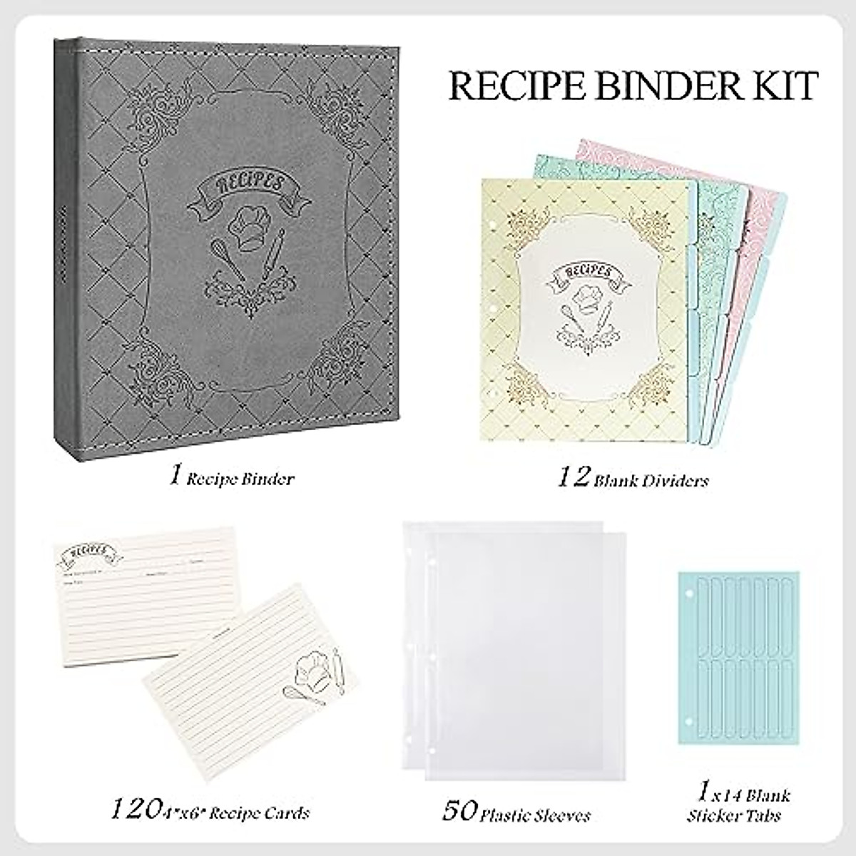 COFICE Recipe Binder Book to Write in Your Own Recipes with Plastic Sleeves, Blank Family Recipe Cards Organizer Kit (Gray)