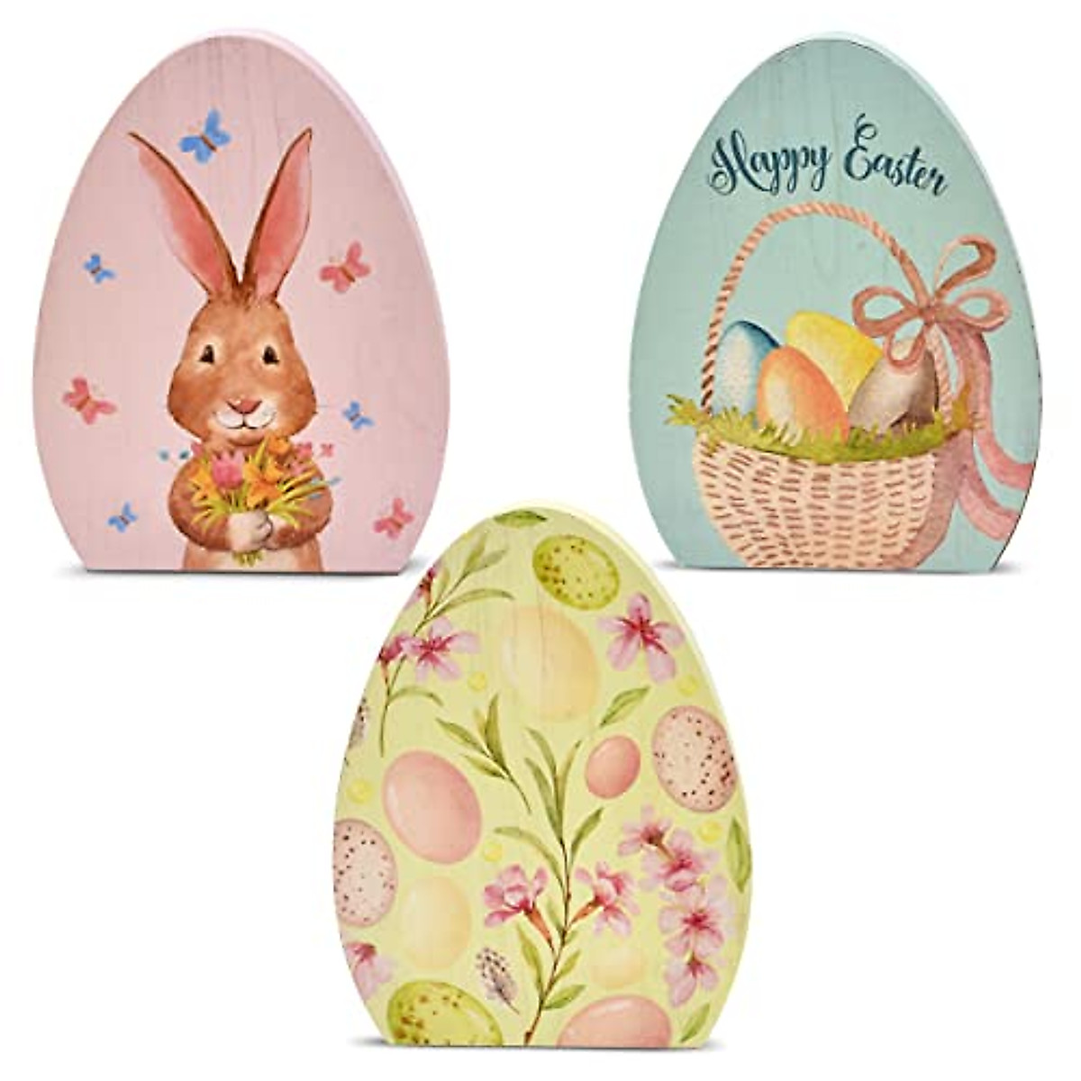 Wooden Easter Egg Table Decorations 3 Pack Decorative Spring Eggs Bunny Rabbit Flowers Design Tabletop Party Centerpiece Signs Rustic Wood Holiday Shelf Topper for Home Kitchen Office Mantle Decor