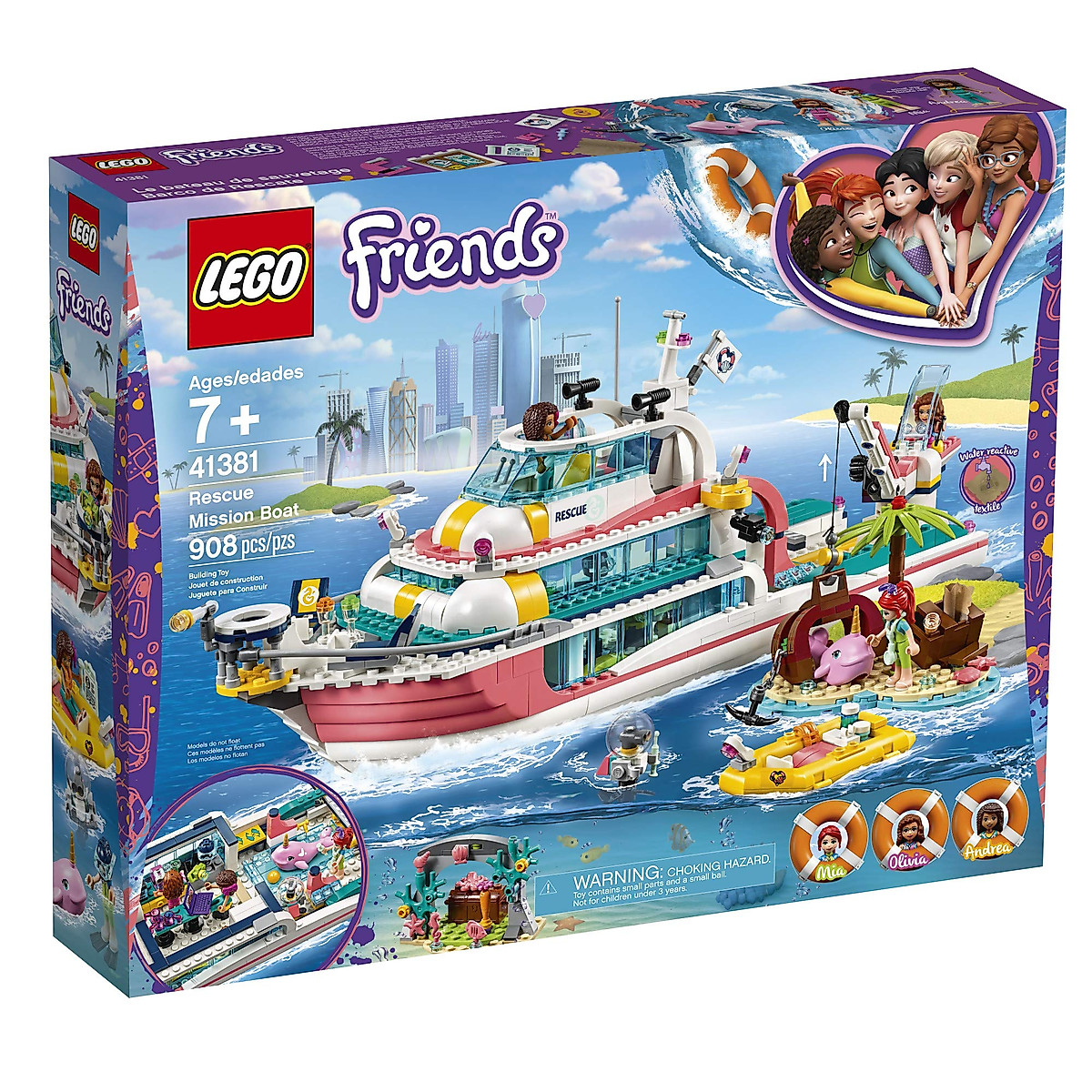 LEGO Friends Rescue Mission Boat 41381 Toy Boat Building Kit with Mini Dolls and Toy Sea Creatures, Rescue Playset Includes Narwhal Figure, Treasure Box and More for Creative Play (908 Pieces)