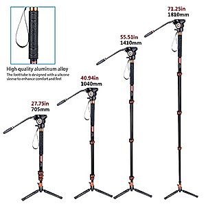 Cayer FP34 Monopod with Feet, 71 inch Aluminum Telescopic Camera Monopod with Fluid Head and 3-Leg Tripod Base for DSLR Video Cameras Camcorders, Supporting up to 13.2lbs