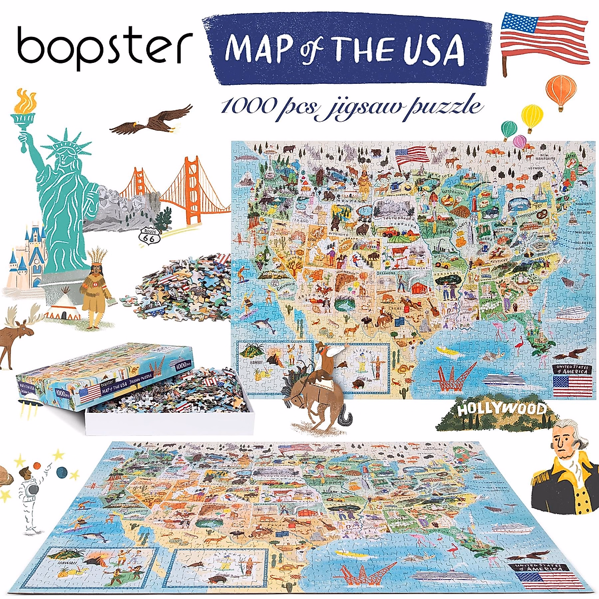 Puzzles for Adults 1000 Pieces - Illustrated US Map Puzzle - United States USA 1000 Piece Puzzle for Adults and Kids Puzzles - 100% Recycled Cardboard by bopster