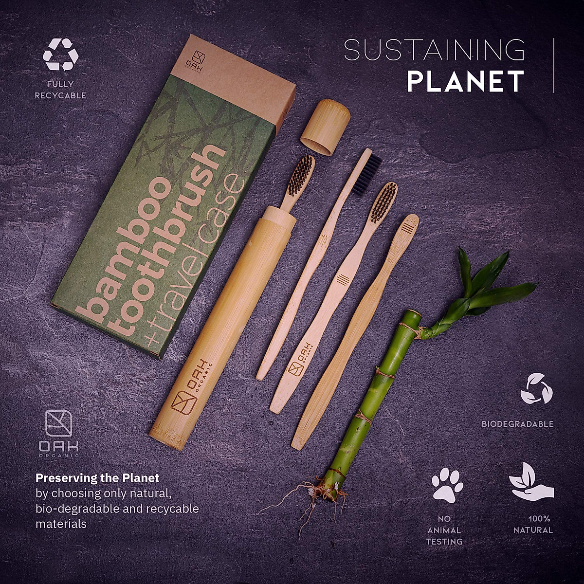 OAK ORGANIC Charcoal Toothbrush – Get Sparkling Clean Teeth – Natural Soft Bamboo Charcoal Toothbrush with Travel Case – Biodegradable Wooden Eco Toothbrush – 4 Set - EARTH, AIR, FIRE, WATER