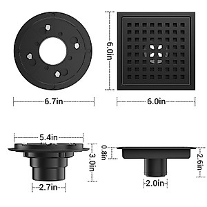 Bmvlffs Square Shower Floor Drain, Bmvlffs 6 Inch Matte Black, Brushed SUS 304 Stainless Steel with Removable Quadrato Patten Grate, Flange Includes Hair Strainer